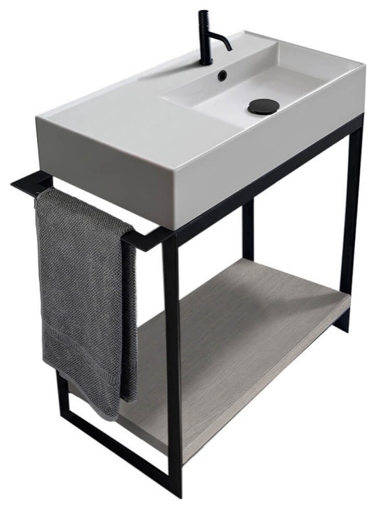 Console Vanity With Ceramic Sink and Grey Oak Shelf - Industrial ...