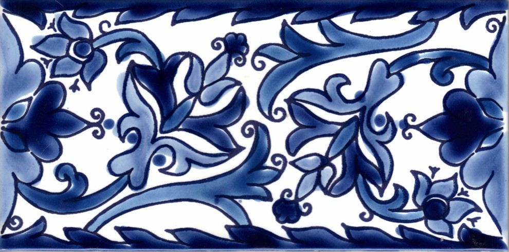 3.94"x7.87" Samarra Blue Border Handpainted Ceramic Tile, Set Of 10, 3. ...