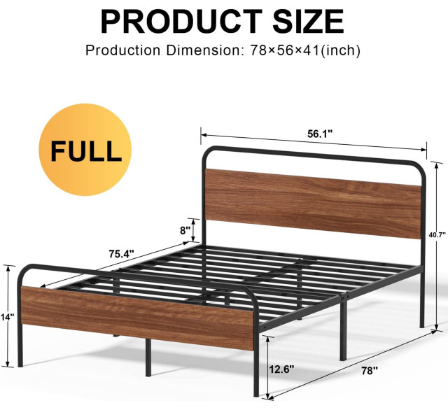 Modern Platform Bed, Metal Frame With Rounded Edges & Wooden Headboard ...