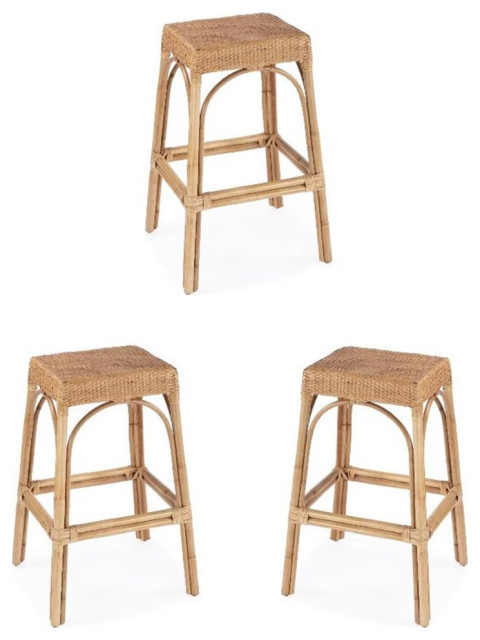 Home Square 30" Rectangular Rattan Bar Stool in Natural - Set of 3 ...