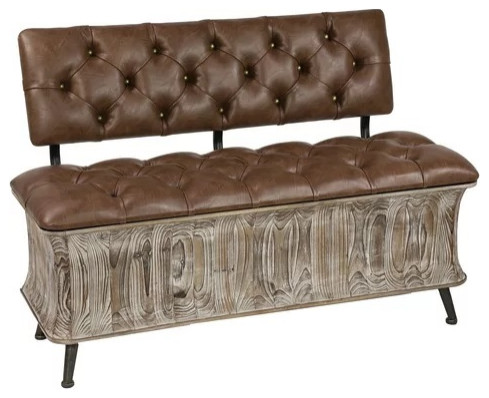 Rustic Brown Storage Bench with Elegant Tufted Faux Leather Seat and ...