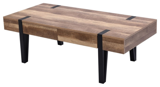 LuxenHome Oak Finish MDF Wood Black Metal 2-Drawer Coffee Table ...