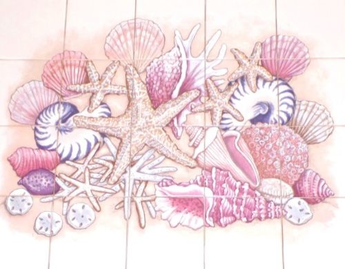 Sea Shell Kiln Fired Ceramic Mural Star Fish Conch Backsplash, 20-Piece ...