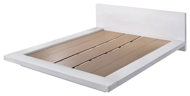 Wooden Queen Size Low Profile Bed with High Gloss Finish, White ...