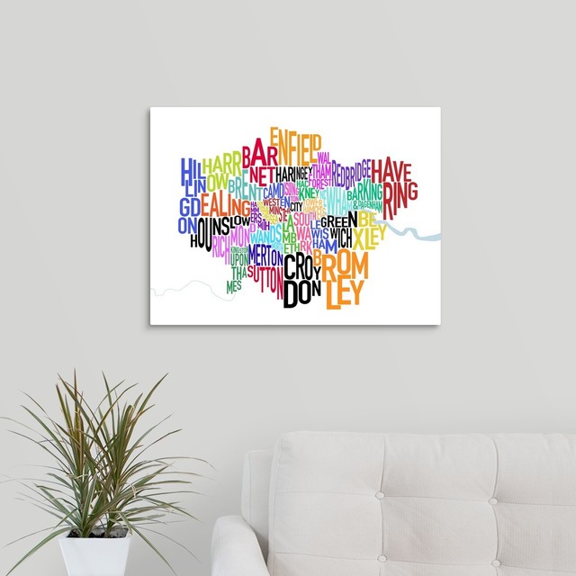 Colored text map of London showing borough names Wrapped Canvas Art ...