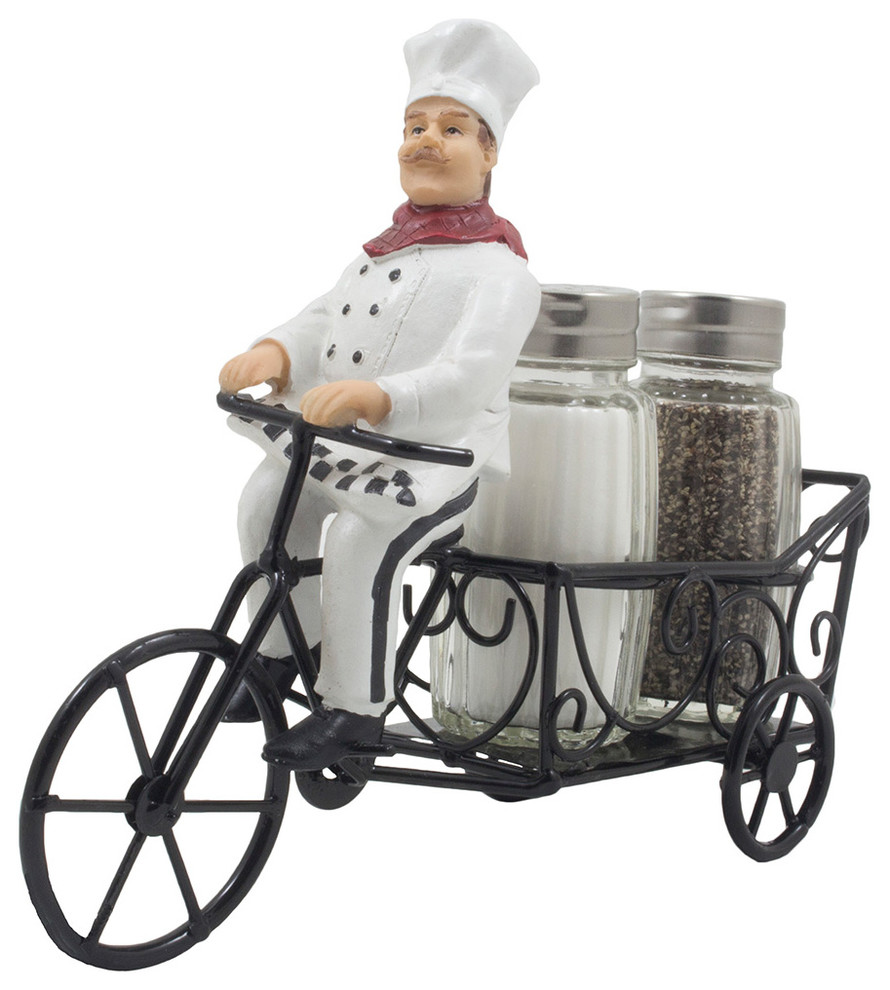French Chef Riding Bicycle Cart Glass Salt and Pepper Shaker, 3-Piece ...