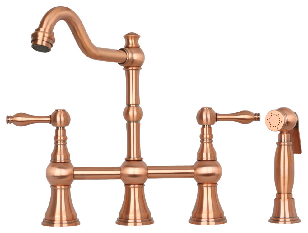 Two-Handles Copper Bridge Kitchen Faucet with Side Sprayer ...