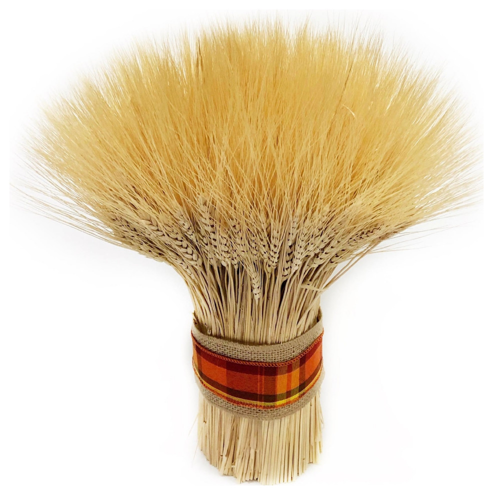 Self-Standing Stack Centerpiece, Blond Wheat and an Orange Plaid Ribbon ...