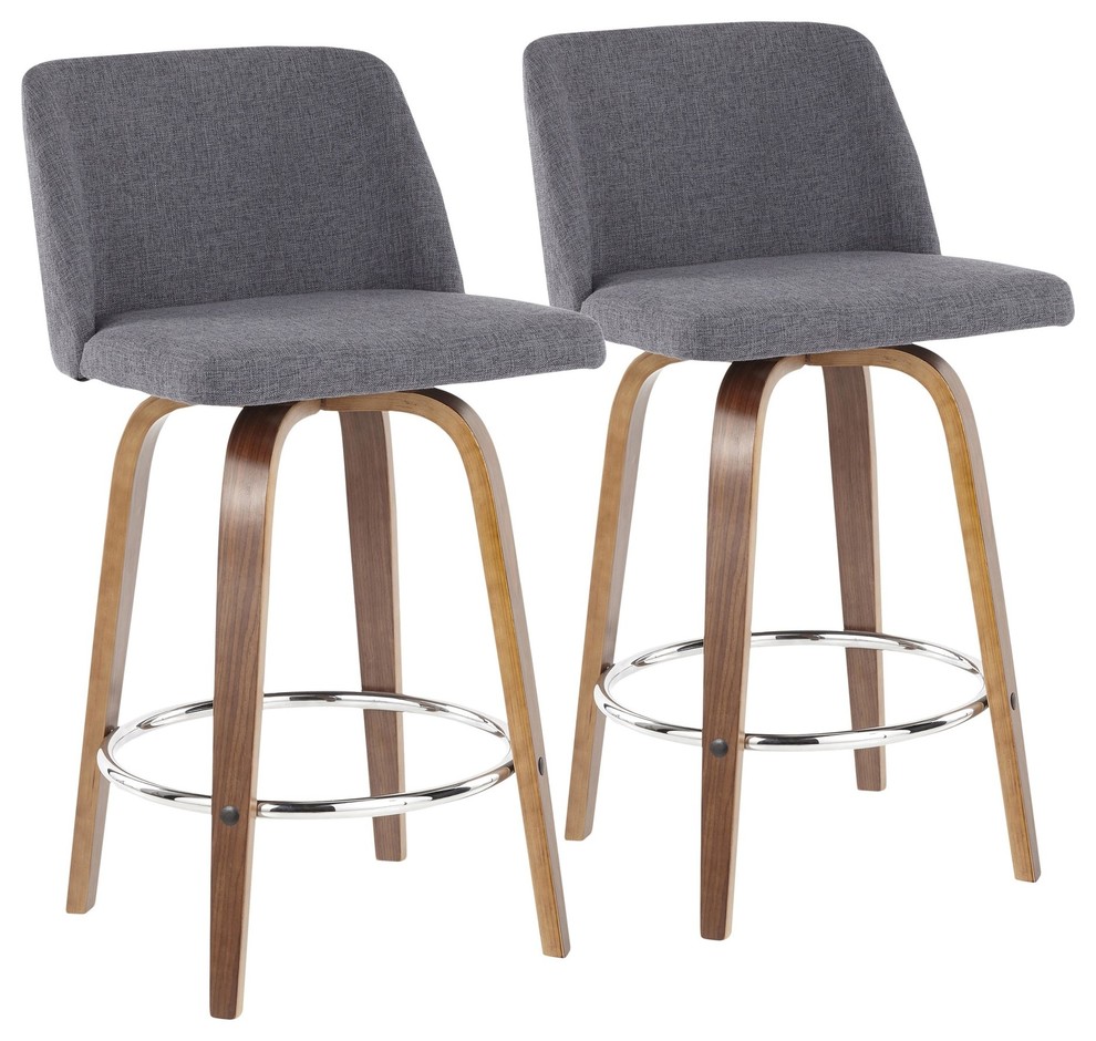 Toriano Mid-Century Modern Counter Stool, Walnut and Blue Fabric, Set ...