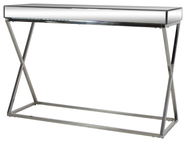 Modern Glam Console Table, Silver Base With X-Shaped Sides & Beveled ...