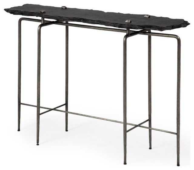 HomeRoots Black Slate Console Table With Iron Base - Industrial ...