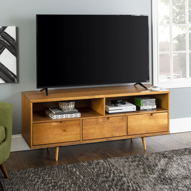 Rectangular TV Stand, Sleek Angled Legs With 3 Open Shelves & 3 Drawers ...