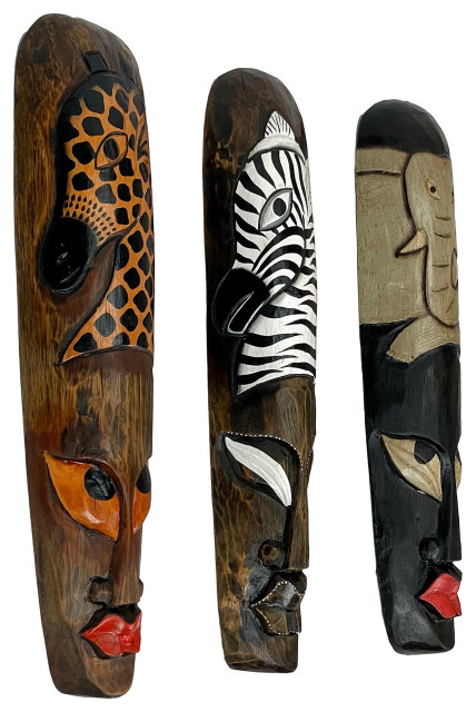 Set Of 3 African Wildlife Wooden Wall Masks, One Size - Tropical - Wall ...