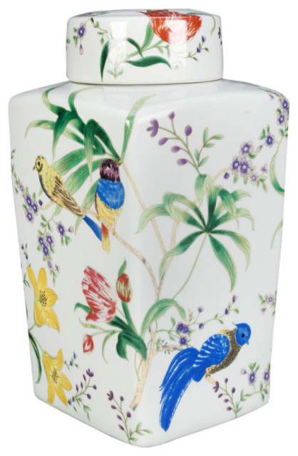 Birds and Flowers Square Ginger Jar With Lid - Asian - Decorative Jars ...