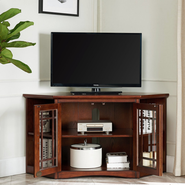 Classic Oak TV Stand with Hardwood Construction, Open Shelves, Glass ...