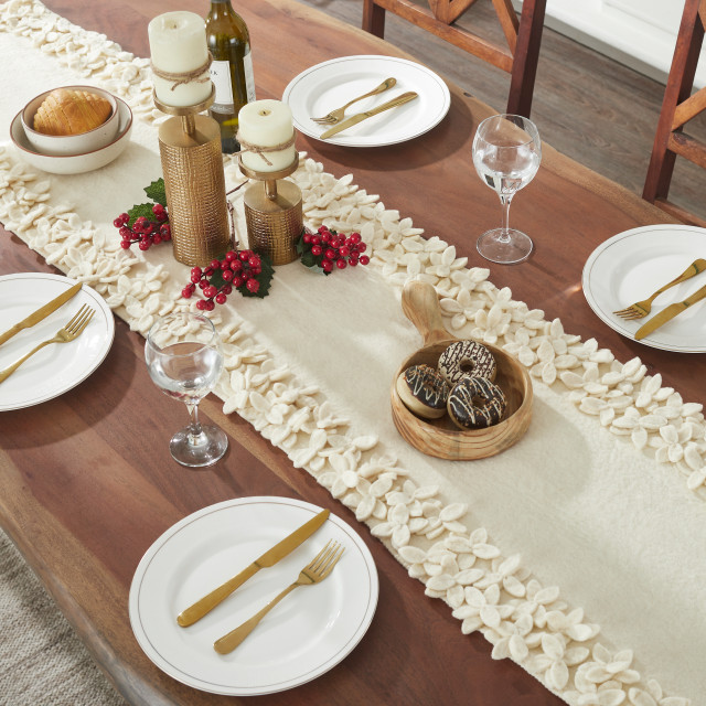 Hand Felted Wool Floral Border Table Runner in Cream, 16x90 ...