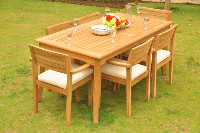 7-Piece Outdoor Teak Dining Set, 71" Rectangle Table, 6 Montana Stacking Chairs - Transitional ...