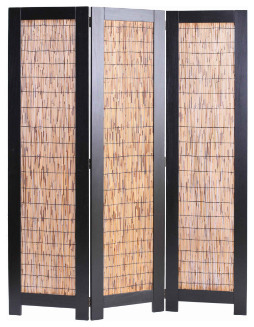 Wooden 3 Panel Room Divider with Wicker Panelling, Brown and Black ...