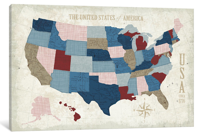 "Modern Vintage Blue USA Map" by Michael Mullan, Canvas Print, 18x12x1 ...