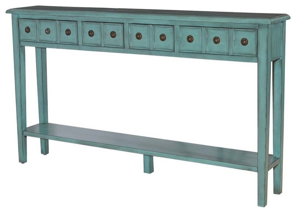 Powell Sadie Long Wood Console Table in Teal Blue - Farmhouse - Console ...