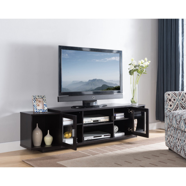 Contemporary Cappuccino TV Stand, Cabinet with Glass Doors and 4 Open ...