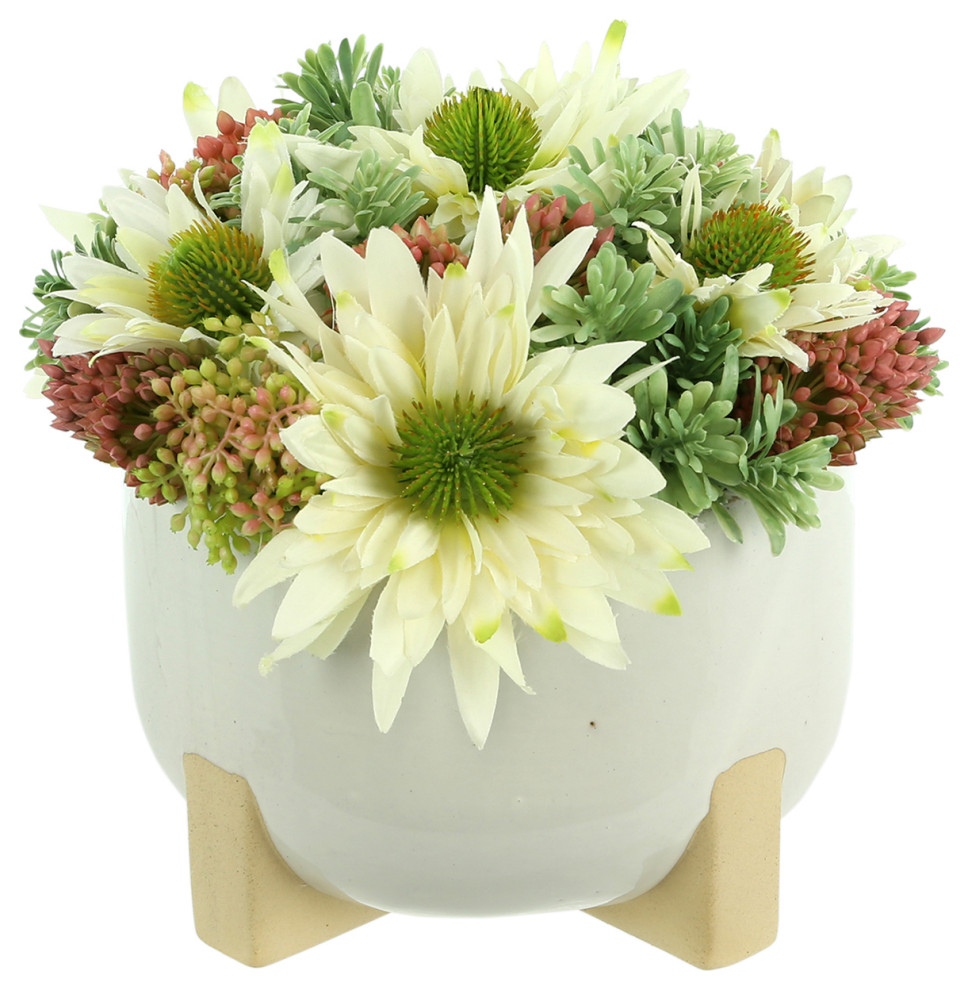 Rudbeckia, Allium and Jade Plant Floral Arrangement in a Ceramic Pot ...