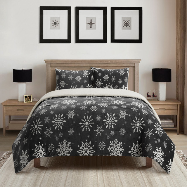 SnowFlakes 3 Piece Sherpa Comforter Set, King - Contemporary ...