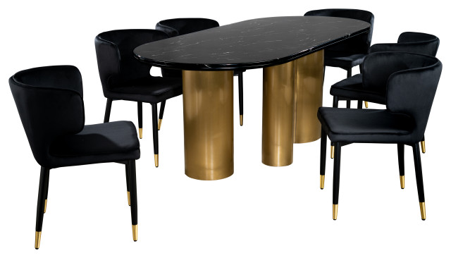 Balmain Stone Top Oval Gold Dining Table With 6 Black Chairs ...