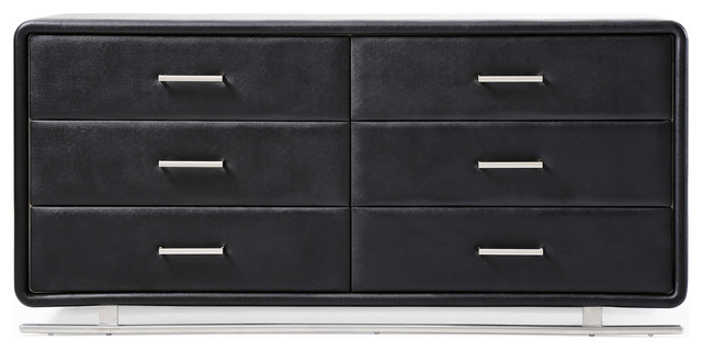 53” Modern Vetro Accent Chest Black Leatherette Finish Stainless Steel ...