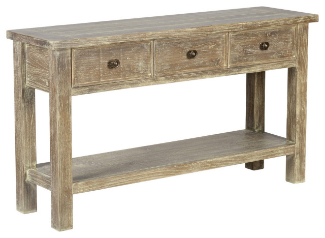 3 Drawer Weathered Console Table with Open Bottom Shelf, Brown ...