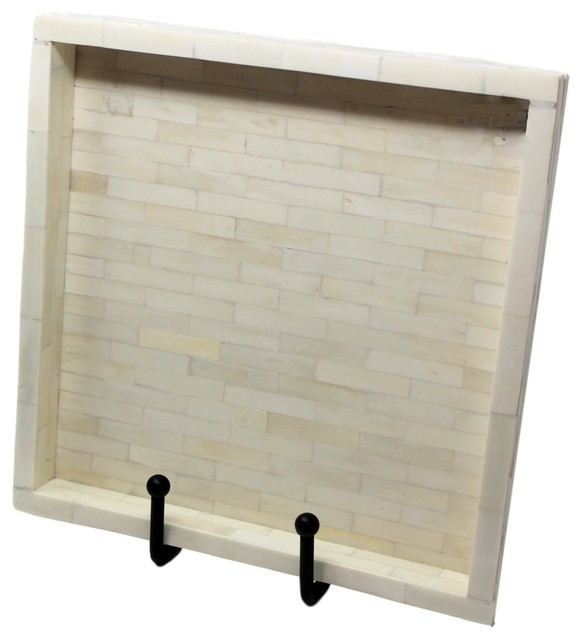 Elegant Natural White Tiled Square Decorative Tray, 16" Inlaid Serving ...