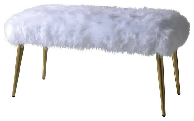 Modern White Accent Bench with Gold Metal Legs and Comfortable Faux Fur ...