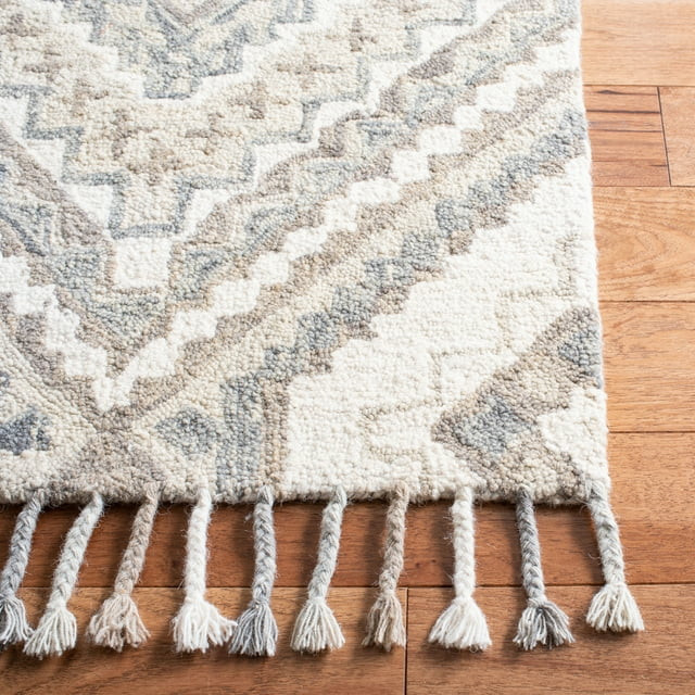 Taupe and Ivory Wool Area Rug with Geometric Pattern and Fringe Tassels ...