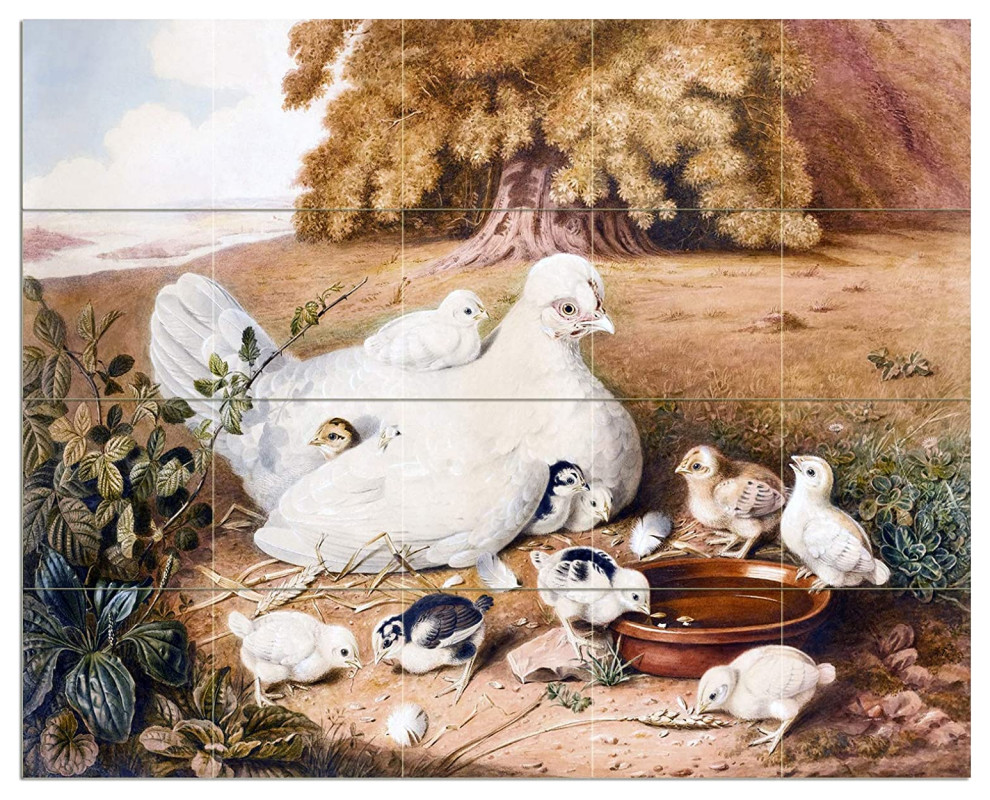 Tile Mural HEN WITH CHICKS chickens landscape Backsplash, Four Inch ...