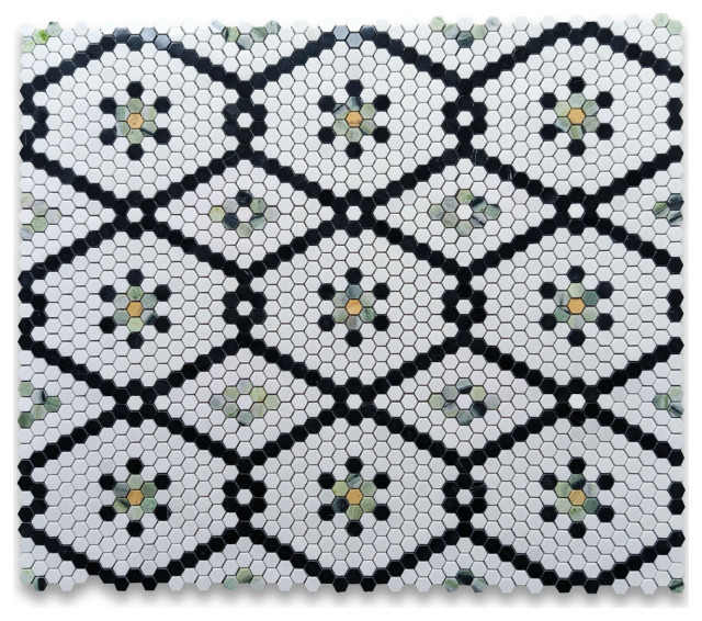 Thassos White Marble Hexagon Historic Snowflake Mosaic Tile Green, 1 ...
