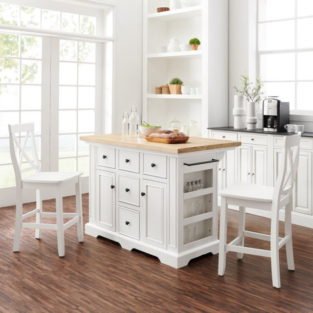 Transitional Spacious Kitchen Island With 2 Crossed Back Stools, White ...