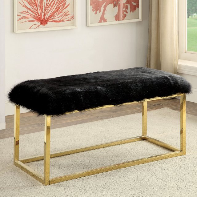 Elegant Contemporary Faux Fur Bench with Golden Metal Base ...