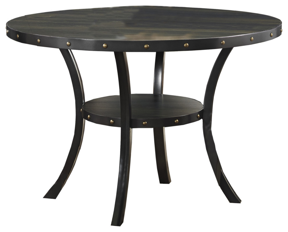 Wooden Round Dining Table With Open Shelf And Nailhead Trims, Black ...