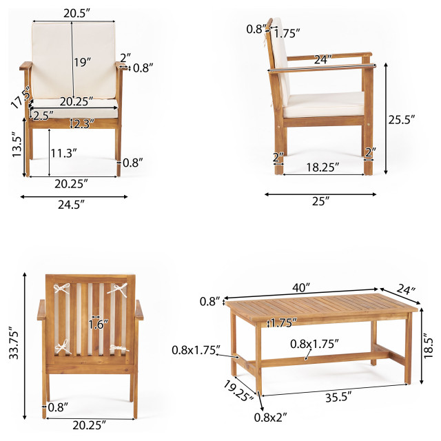 GDF Studio 4-Piece Lucent Outdoor Acacia Wood Chat with Cushions Set ...