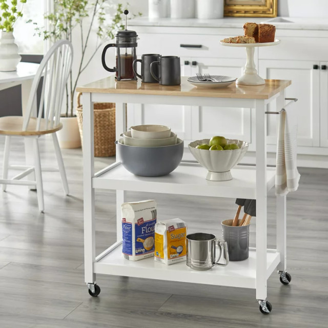 Modern Kitchen Cart, 2 Spacious Open Shelves & Natural Rubberwood Top ...