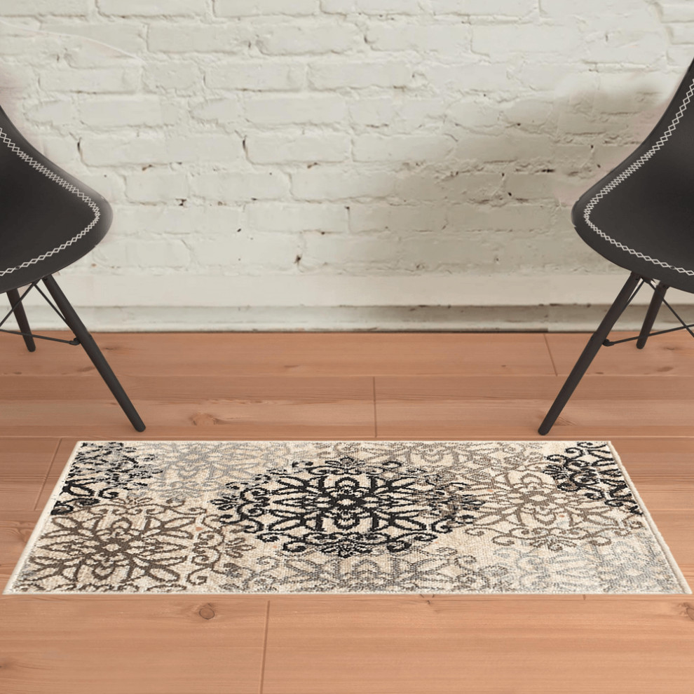 2' X 3' Tan Gray And Black Floral Medallion Stain Resistant Area Rug ...