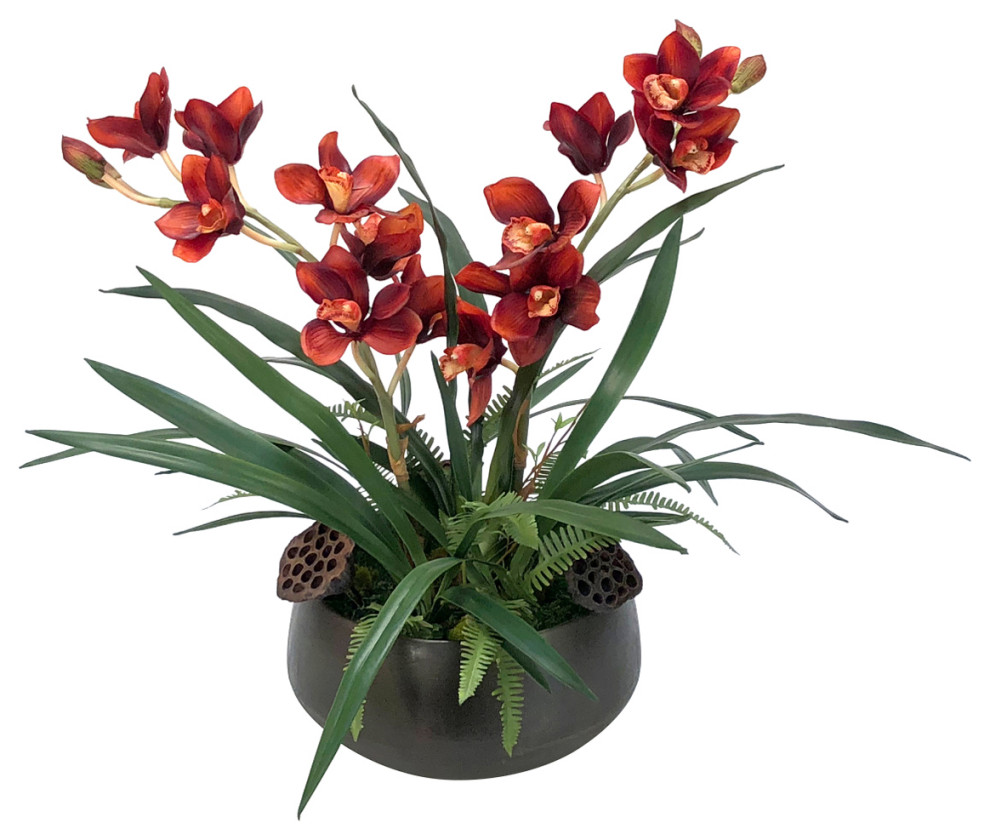 Rust Cymbidium Orchids in Sosa Bowl - Tropical - Artificial Flower ...