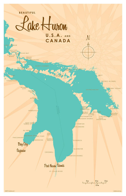 Lakebound Lake Huron Michigan Map Art Print, 24"x36" - Contemporary ...