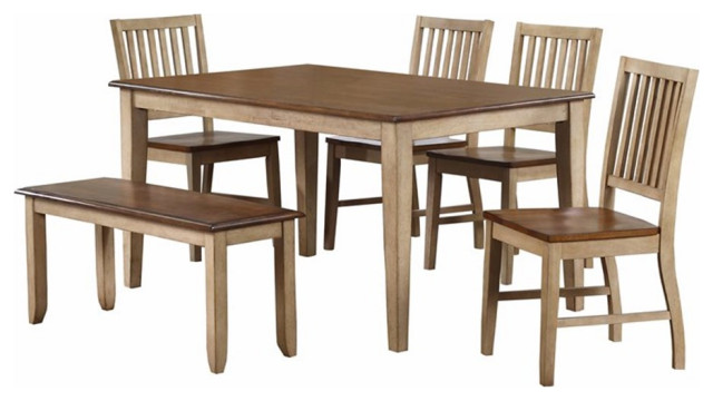 Sunset Trading Brook 6-Piece 60" Rectangular Wood Dining Set with Bench in Cream - Farmhouse ...