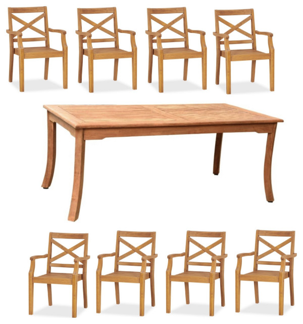 9-Piece Outdoor Teak Dining Set: 83" Rectangle Table, 8 Grand Stacking Arm Chair - Transitional ...