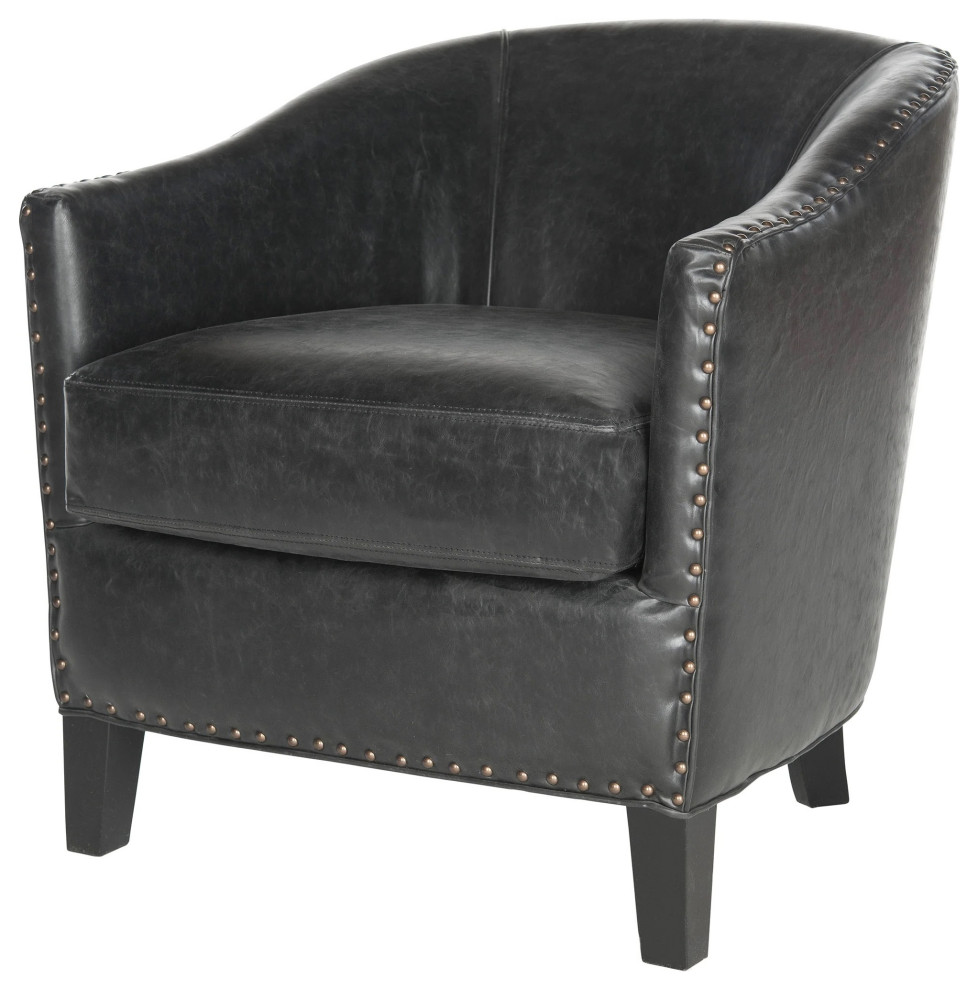 Antique Black Bicast Leather Club Chair, Brass Nail Heads, Curved Back ...