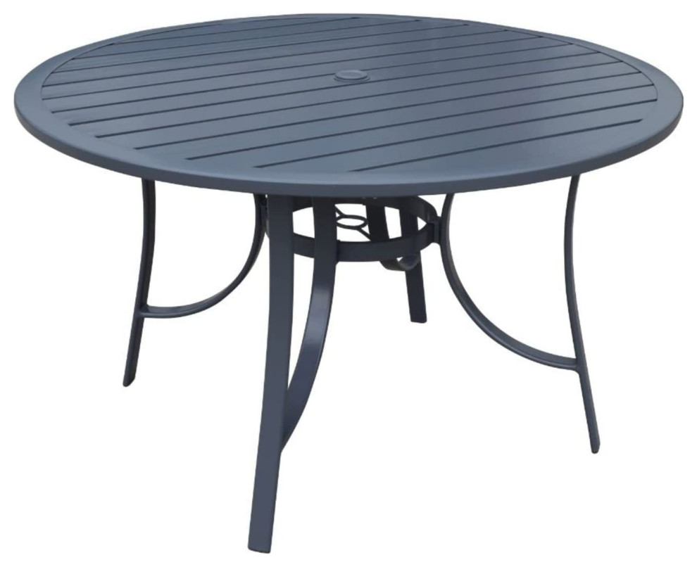 Round Patio Dining Table, Curve Legs & Slatted Top With Umbrella Hole ...