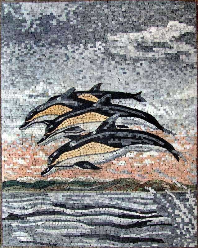Dolphin Mosaics Art, 35" x 28" - Beach Style - Tile Murals - by Mozaico Inc | Houzz