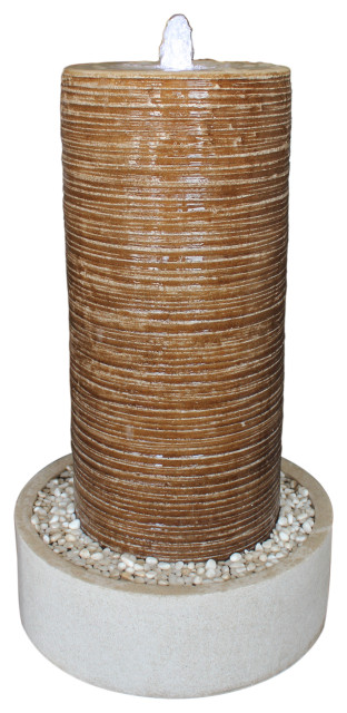 Ribbed Cylindrical Water Fountain with Round Pebble Base, Brown ...