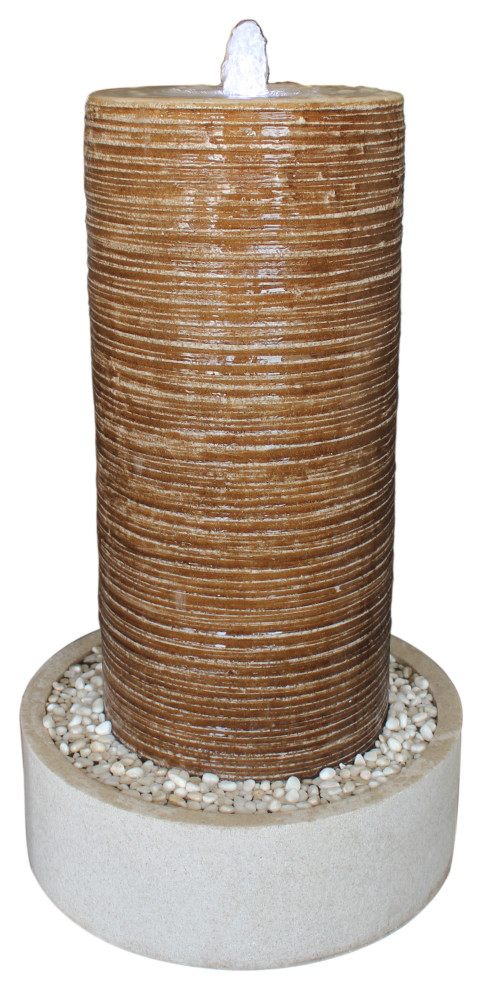 Ribbed Cylindrical Water Fountain with Round Pebble Base, Brown ...